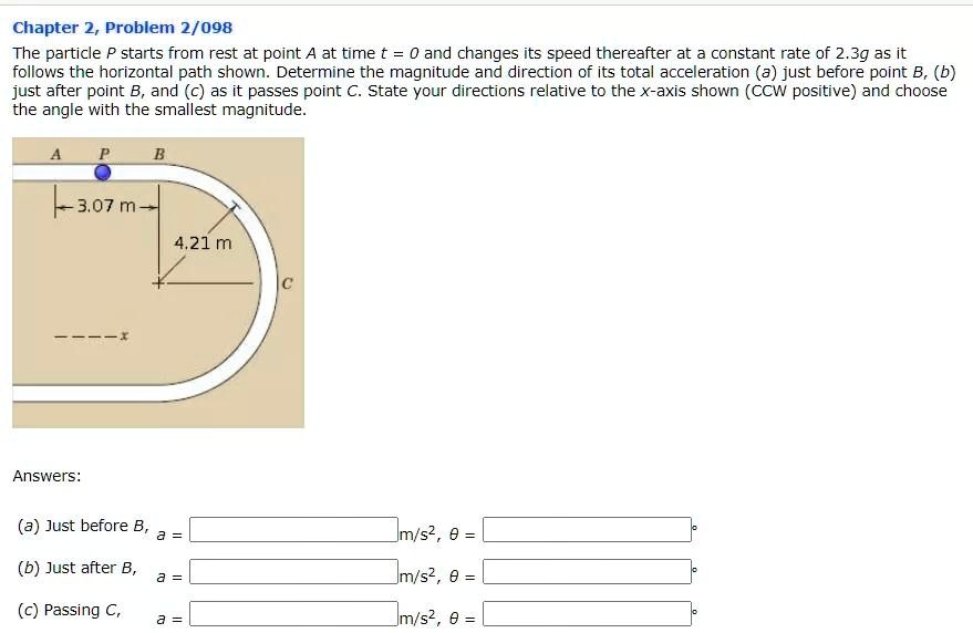 Chapter 2, Problem 2/098 The particle P starts from rest at point A at time t = 0 and changes ...