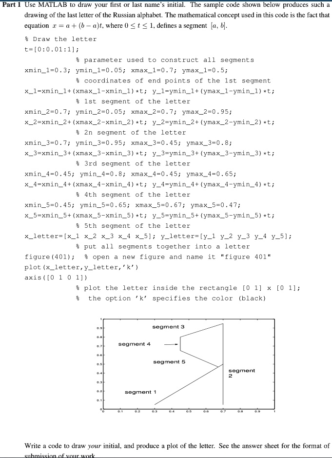 part 1 use matlab to draw your first or last names initial the sample code shown below produces ...