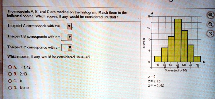 SOLVED: The midpoints A, B, and C are marked on the histogram. Match them to the indicated ...