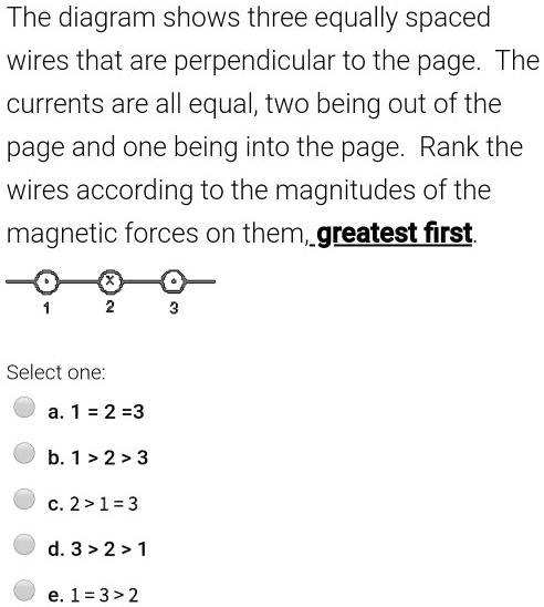 The diagram shows three equally spaced wires that are perpendicular to ...