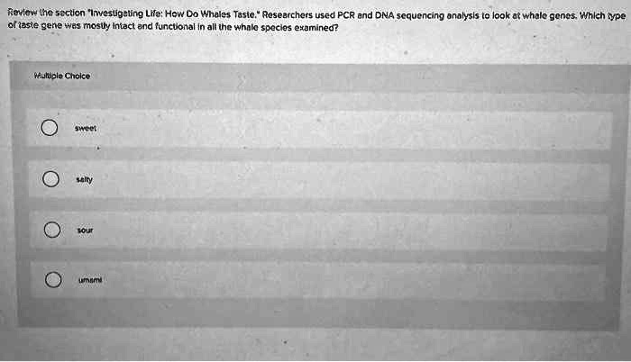 Review the section "Investigating Life: How Do Whales Taste ...
