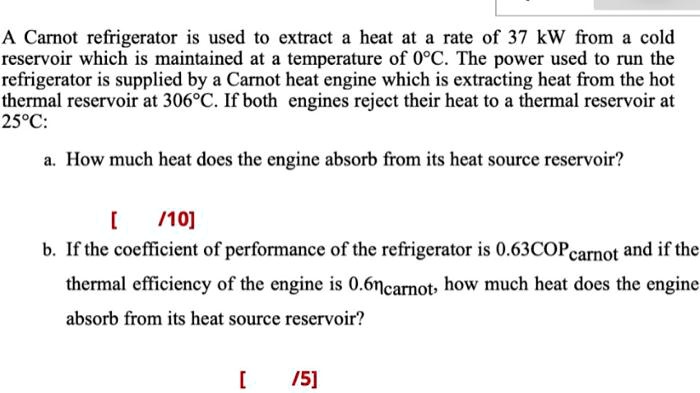 SOLVED: A Carnot refrigerator is used to extract heat at a rate of 37 ...