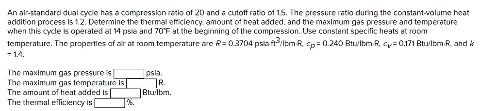 SOLVED: An air-standard dual cycle has a compression ratio of 20 and a ...