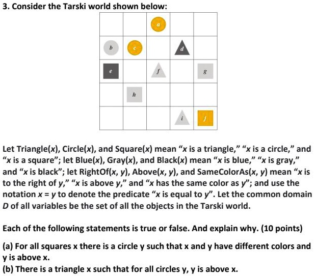 SOLVED: Consider the Tarski world shown below: Let Triangle(x), Circle ...