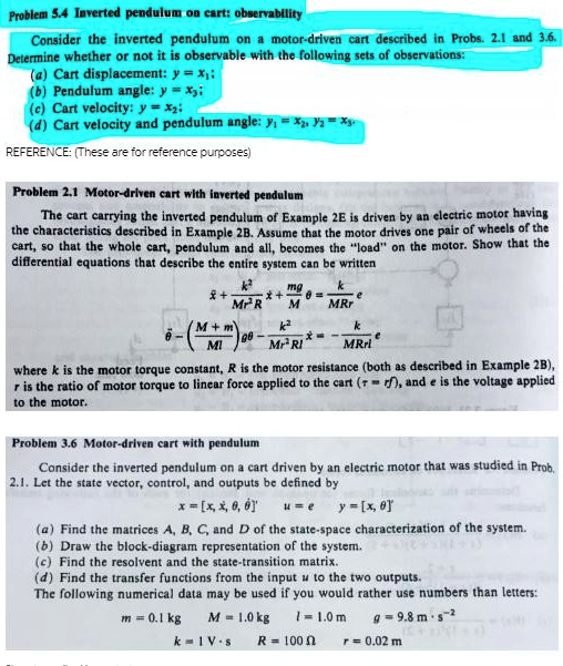Problem 5.4 Inverted pendulum on cart: observability Consider the ...