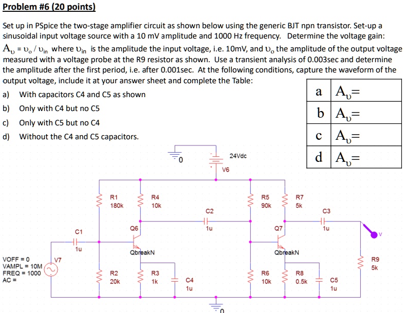 Problem #6 (20 points) Set up in PSpice the two-stage amplifier circuit as shown below using the ...