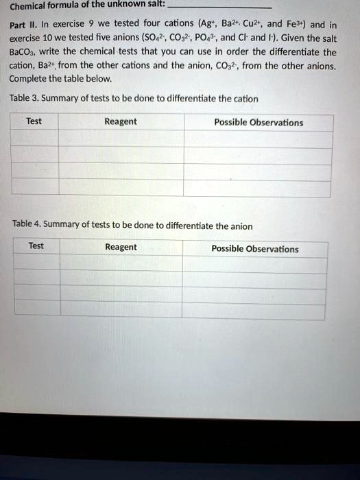 SOLVED: Chemical formula of the unknown salt: Part II. In this exercise ...