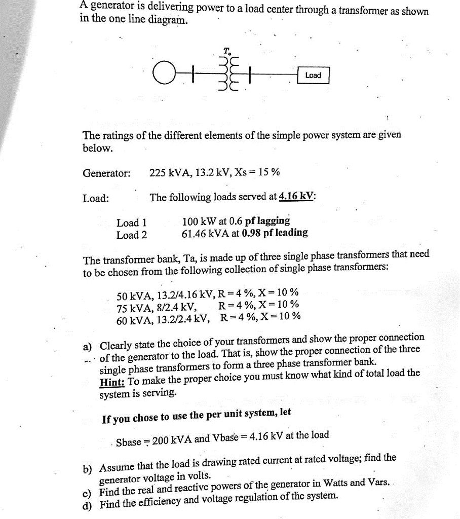 SOLVED: A generator is delivering power to a load center through a ...
