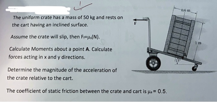 The uniform crate has a mass of 50 kg and rests on the cart having an ...