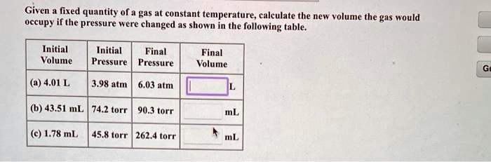 SOLVED: Given fixed quantity of # Eas at constant temperature; calculate the new volume the gas ...