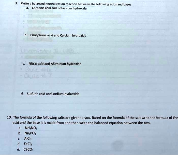 SOLVED: Write balanced neutralization reactions between the following acids and bases ...