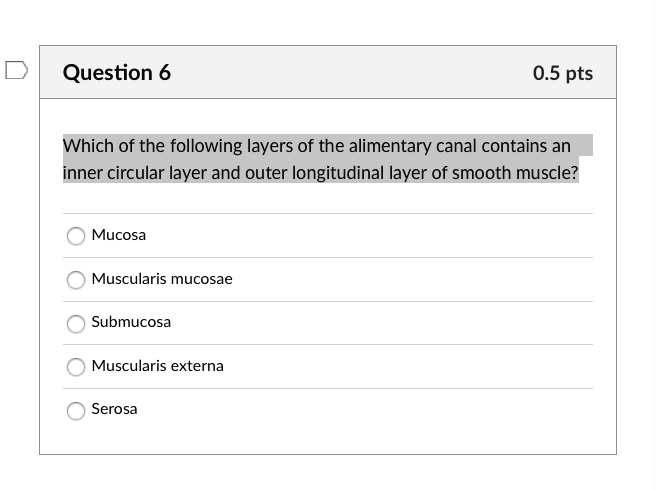 Question 6 0.5 pts Which of the following layers of the alimentary ...