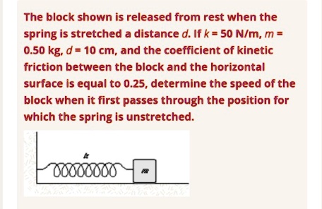 SOLVED: The block shown is released from rest when the spring is stretched distance d. If k = 50 ...