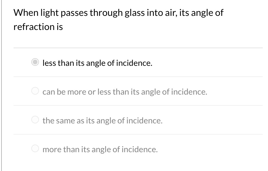 SOLVED: When light passes through glass into air; its angle of ...