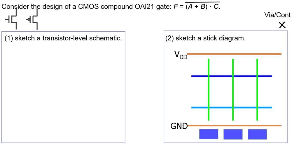 Consider the design of a CMOS compound OAI21 gate: F = (A + B) · C. (1 ...