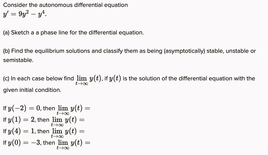 Solved Consider The Autonomous Differential Equation Y 9y2 Y4 A