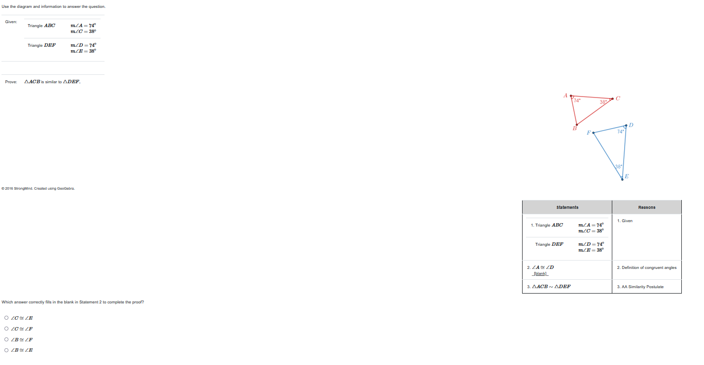 Use the diagram and information to answer the question. Given: Triangle A B C m ∠ A=74^∘ m ∠ C ...