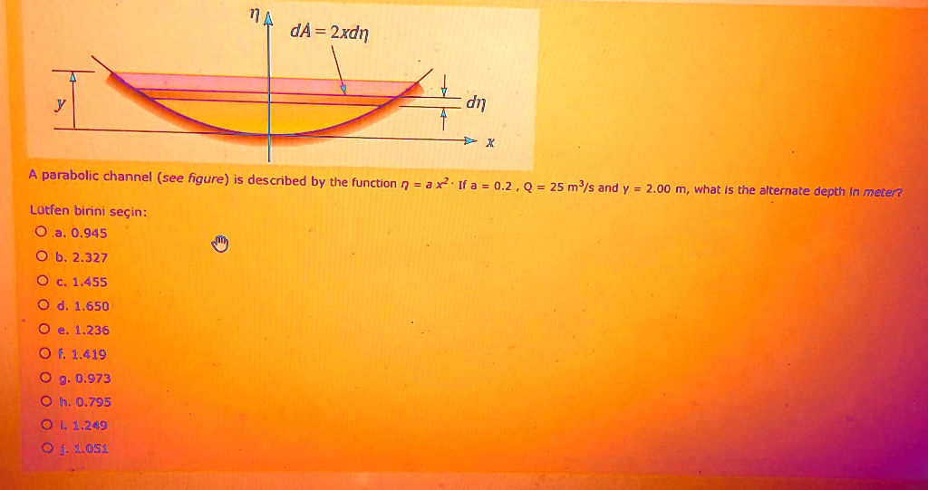 SOLVED: A parabolic channel (see figure) is described by the function n ...