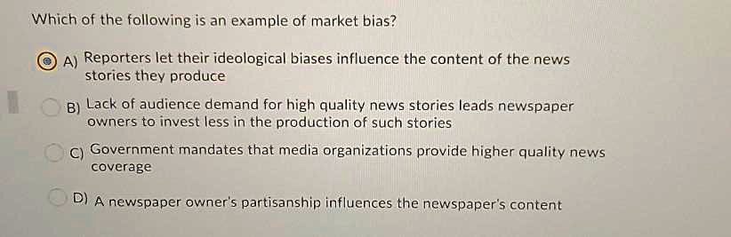 SOLVED: Which of the following is an example of market bias? A ...