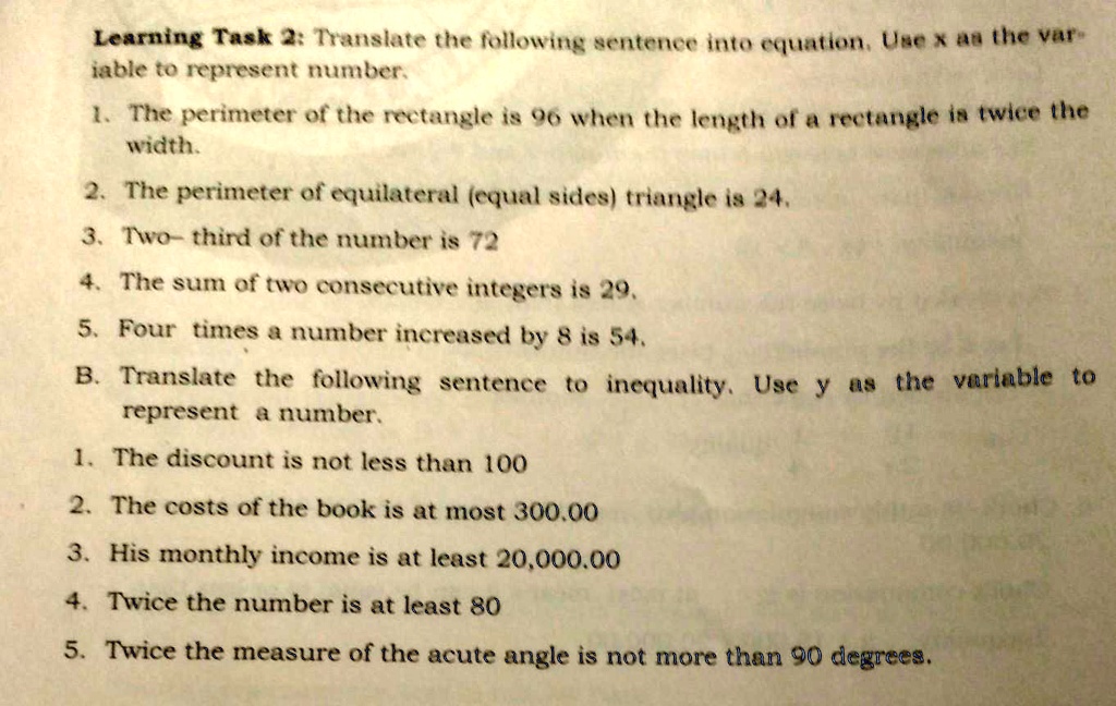 SOLVED: Learning Task 2: Translate the following sentence. Use x to represent number. The ...
