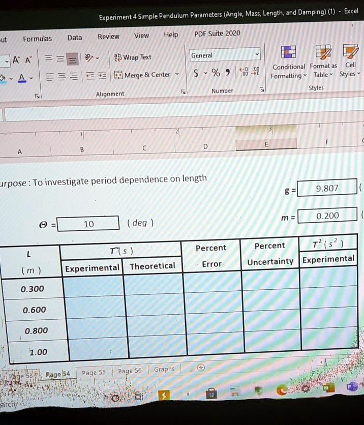 SOLVED: Text: Simple Pendulum Parameters (Angle; Mass Length; and Damping) (I) Excel Experiment ...