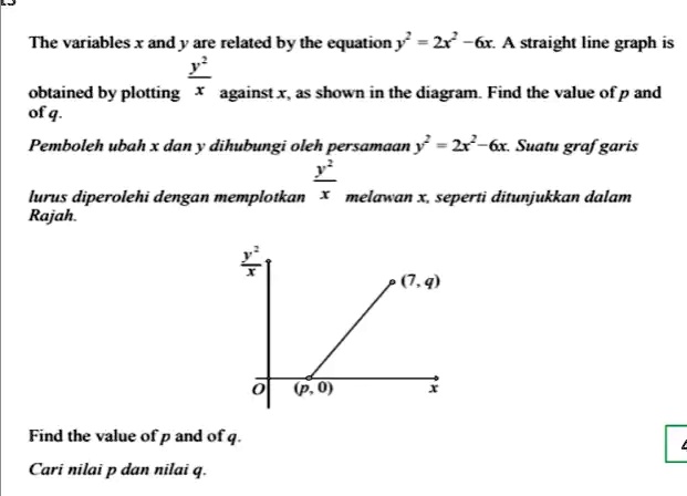 The variables x and y are related by the equation y^2 = 2x^2 - 6x. A straight line graph is ...