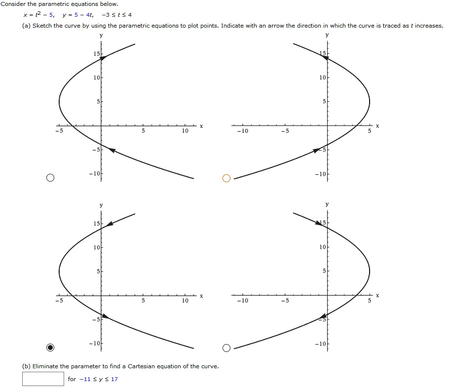 SOLVED: Consider the parametric equations below: x = (2 Y = 5 4t, -3 SOLVED: Consider the parametric equations below: x = (2 Y = 5 4t, -3