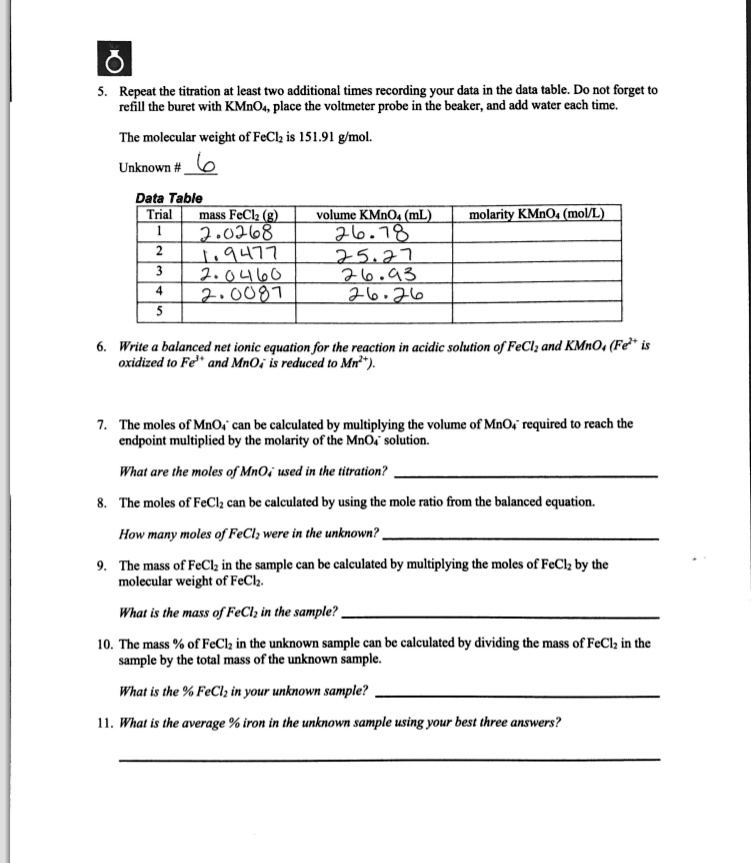 SOLVED:Repeat the titration at least two additional times recording your data in the data table ...