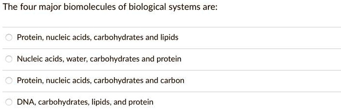 SOLVED: The four major biomolecules of biological systems are: Protein ...