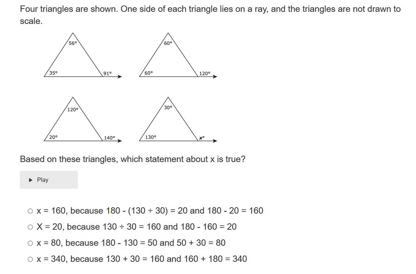 Four triangles are shown. One side of each triangle lies on a ray, and ...