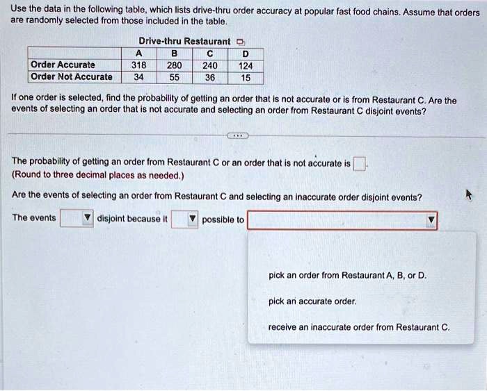 SOLVED: Use the data in the following table,which lists drive-thru ...
