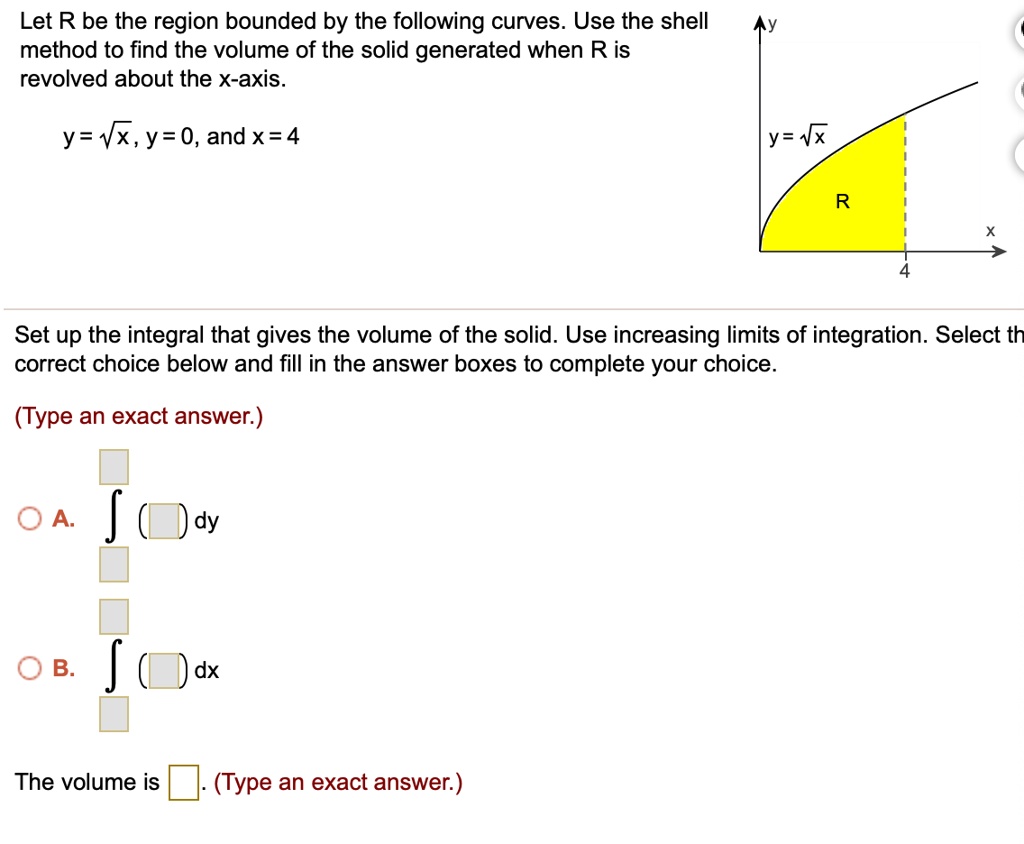 SOLVED:Let R be the region bounded by the following curves: Use the shell method to find the ...