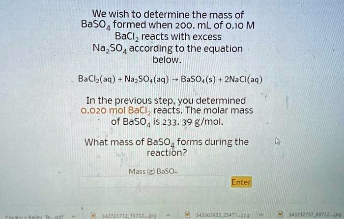 We wish to determine the mass of BaSO4 formed when 200. mL of 0.10 M BaCl2 reacts with excess ...
