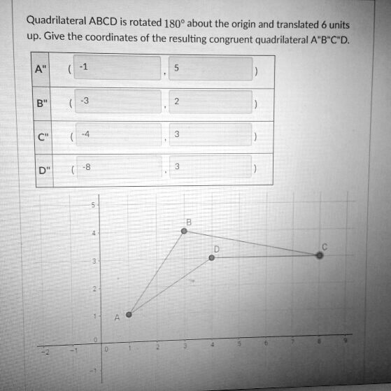 SOLVED: Quadrilateral ABCD is rotated 180" about the origin and translated 6 units up. Give the ...