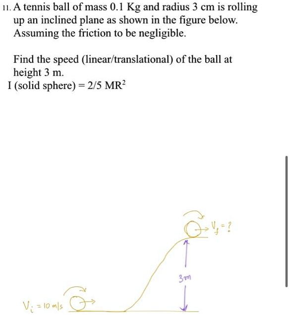 SOLVED: I.A tennis ball of mass 0.1 Kg and radius 3 cm is rolling up an ...
