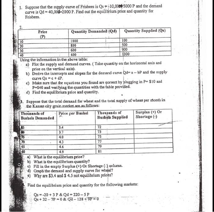 [GET ANSWER] suppose that tbe supply curve of frisbees is qs 1ooc5ooo p and the demand curve i5 ...