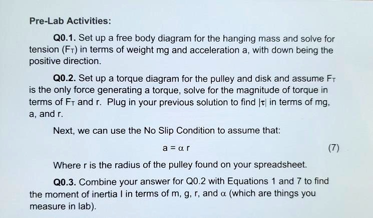 pre lab activities q01 set up a free body diagram for the hanging mass ...