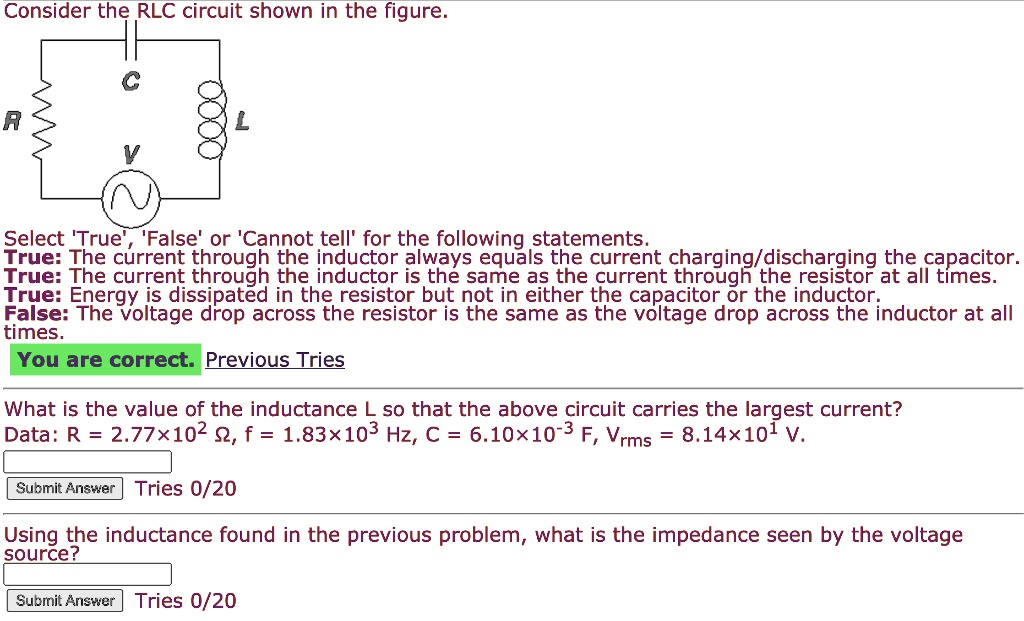 SOLVED: Consider the RLC circuit shown in the figure: R Select 'True ...