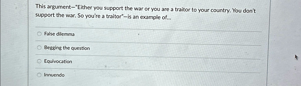 This argument-"Either you support the war or you are a traitor to your ...