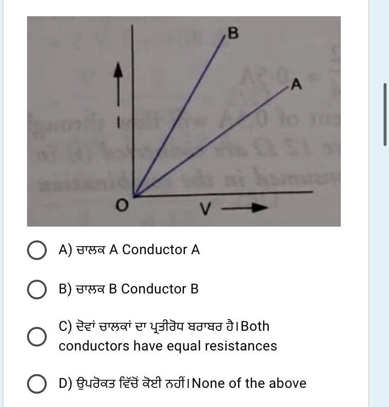 SOLVED: 'Graph between electric current and potential difference across two conductors A and B ...
