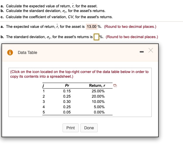 a. Calculate the expected value of return, r, for the asset. b ...