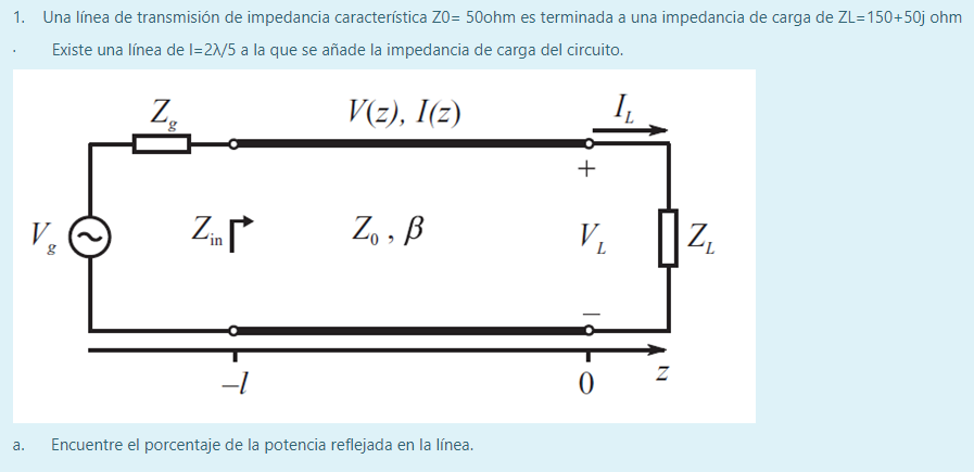 SOLVED: 1. Una línea de transmisión de impedancia característica Z 0=50 ...