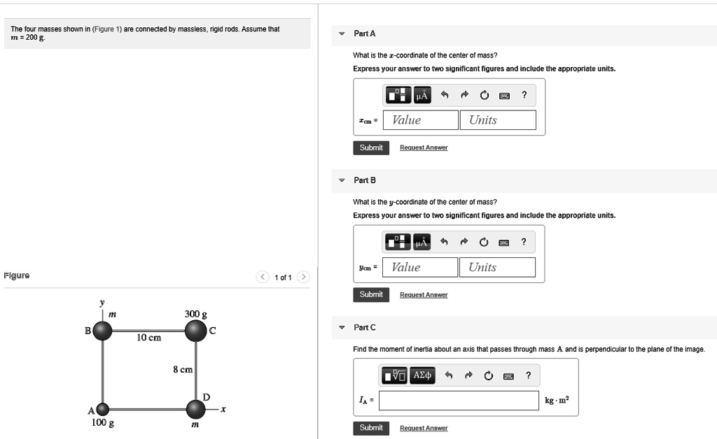 SOLVED: The iour masses shown In (Figure are connected Dy masslessrig d rods Assume inat 200 ...