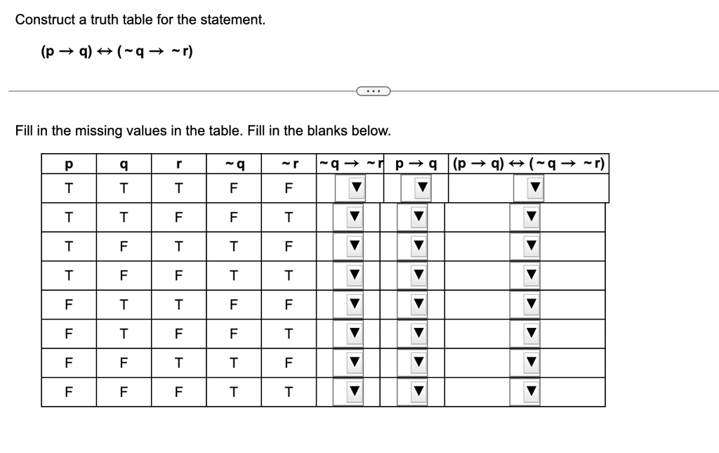 SOLVED: Construct a truth table for the statement. (p->q)harr(∼q->∼r) Fill in the missing values ...