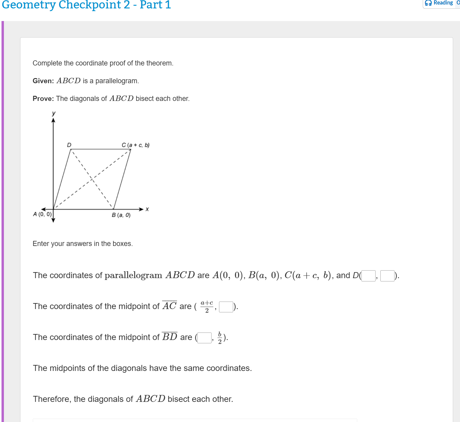 Geometry Checkpoint 2 - Part 1 Reading Complete the coordinate proof of ...