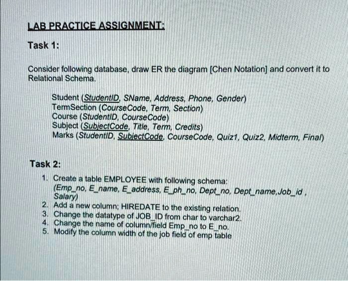 Solved Lar Practice Assignment Task 1 Consider The Following Database And Draw An Er Diagram