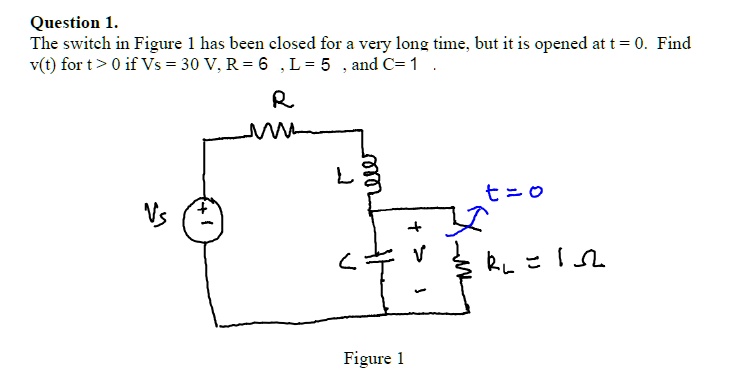 Question 1. The switch in Figure 1 has been closed for a very long time, but it is opened at t ...