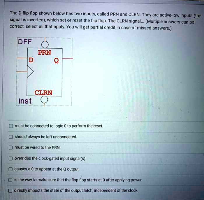 The D flip flop shown below has two inputs, called PRN and CLRN. They are active-low inputs (the ...