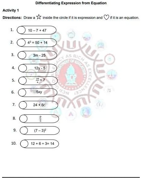 Differentiating Expression from Equation Activity 1 Directions: Draw a ...