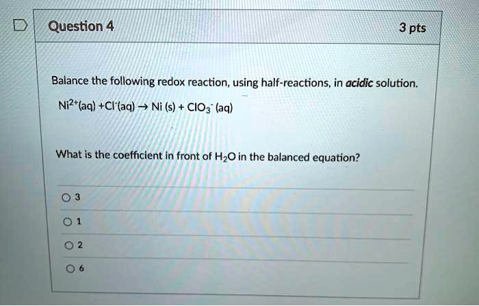 Balance the following redox reaction, using half-reactions, in acidic ...